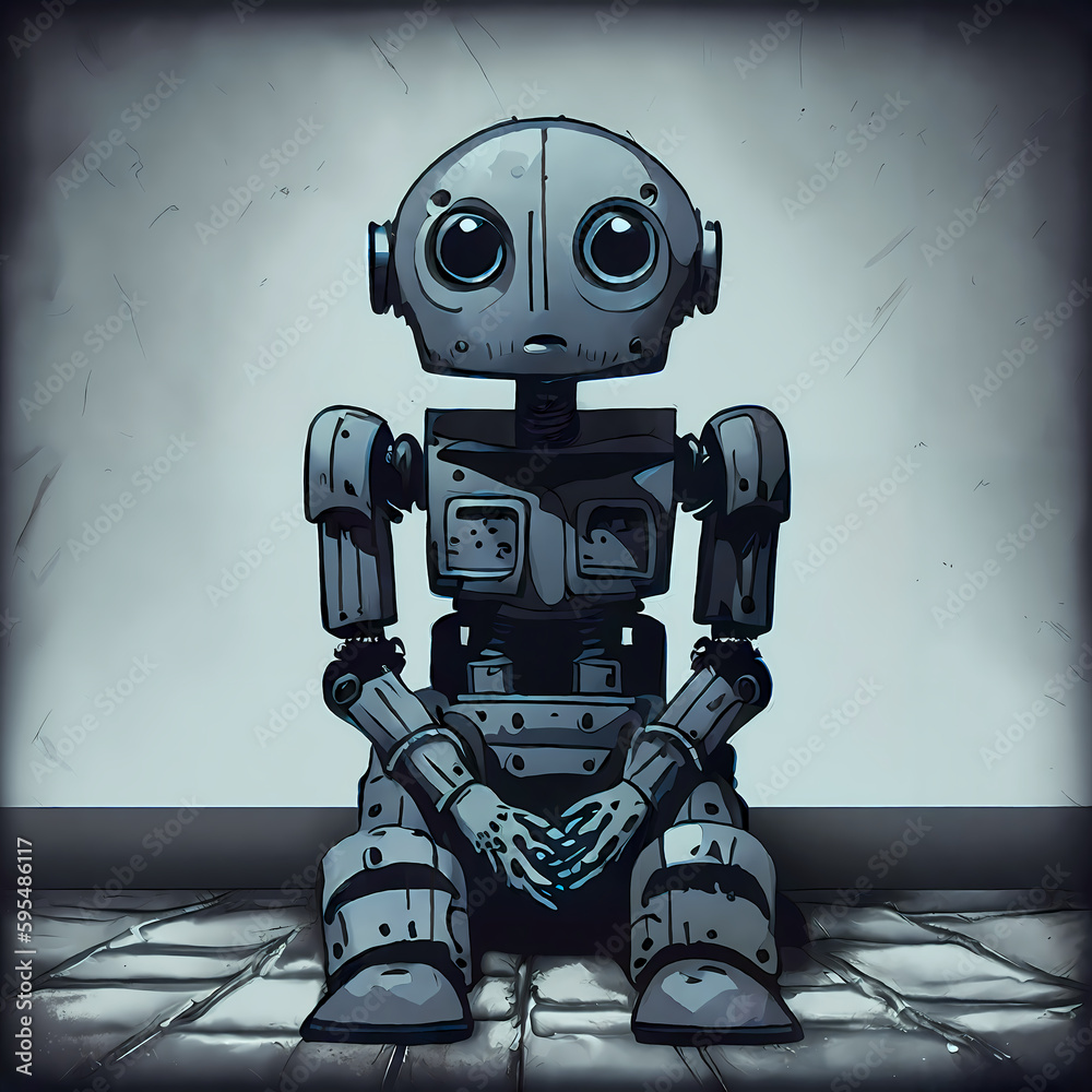 Sad depressive lonely looking worn out robot. Futuristic science ...