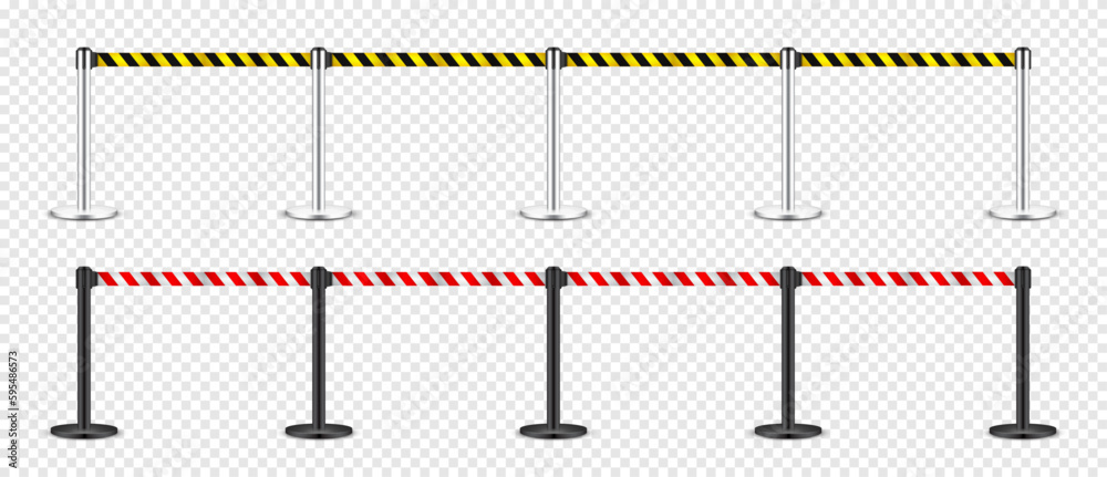 Realistic yellow and red retractable belt stanchion. Crowd control ...