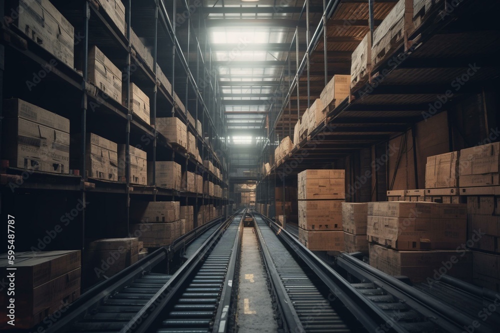 Automated conveyor sorting boxes amidst industrial storage inside ...