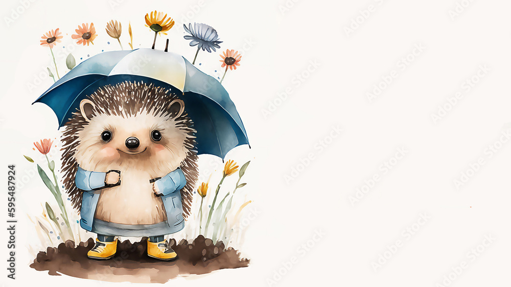 Cute cartoon hedgehog with Watercolor Spring Wheelbarrow, Spring ...
