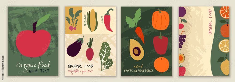 Organic fresh vegetables and fruits food template poster set ...