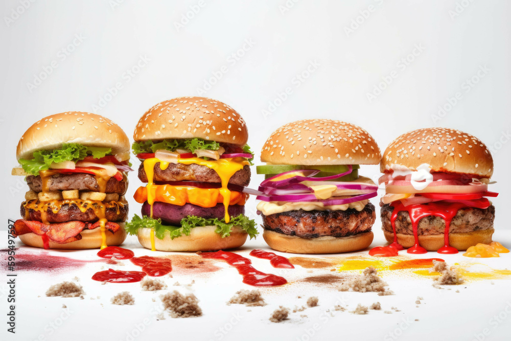 several different types of burgers are shown along a white background ...