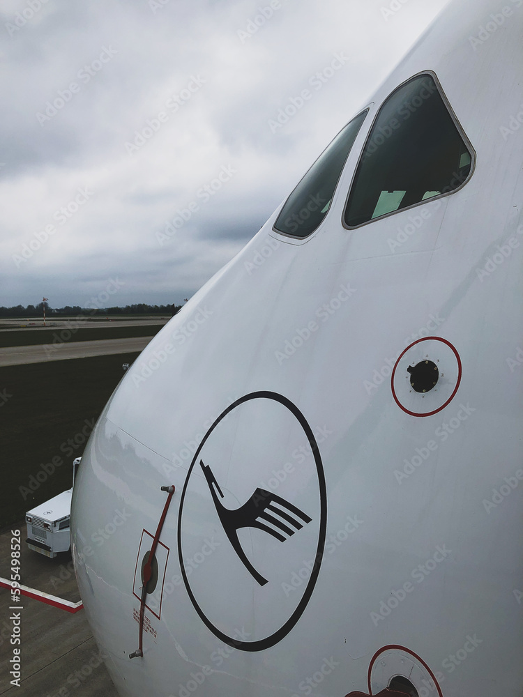 View of front with cockpit windows of Lufthansa Airbus A380 after ...