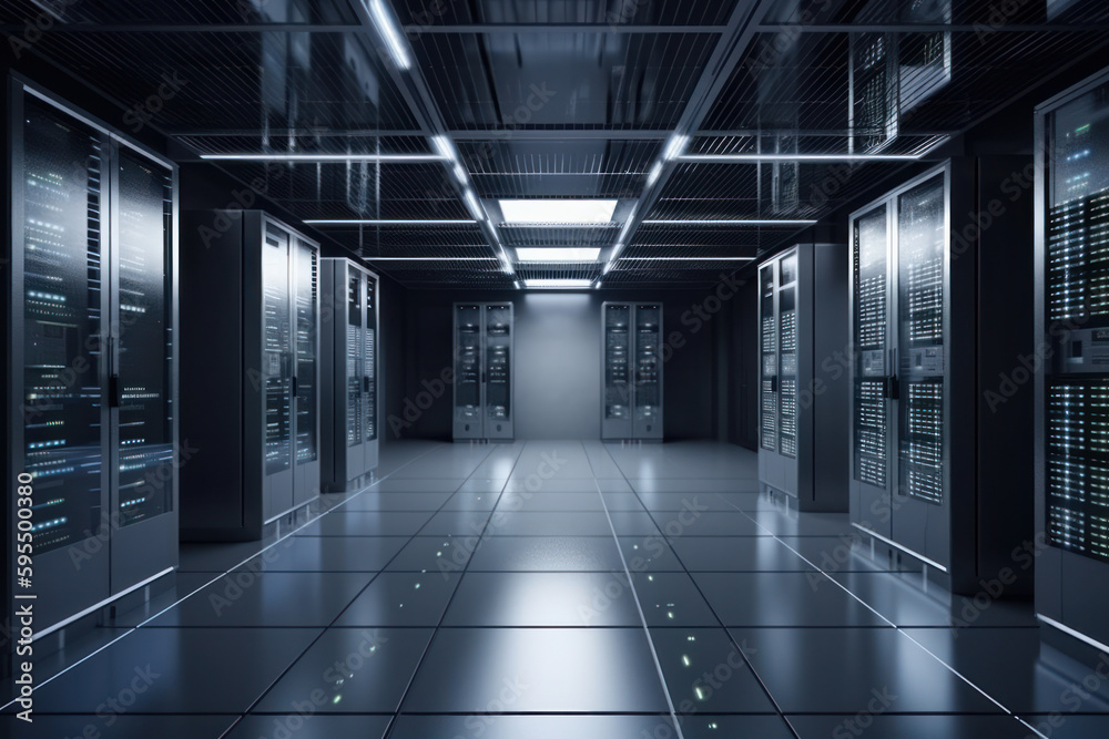 Hallway in data center filled with neatly arranged server racks ...