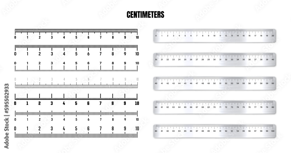 Realistic metal rulers with black centimeter scale for measuring length ...