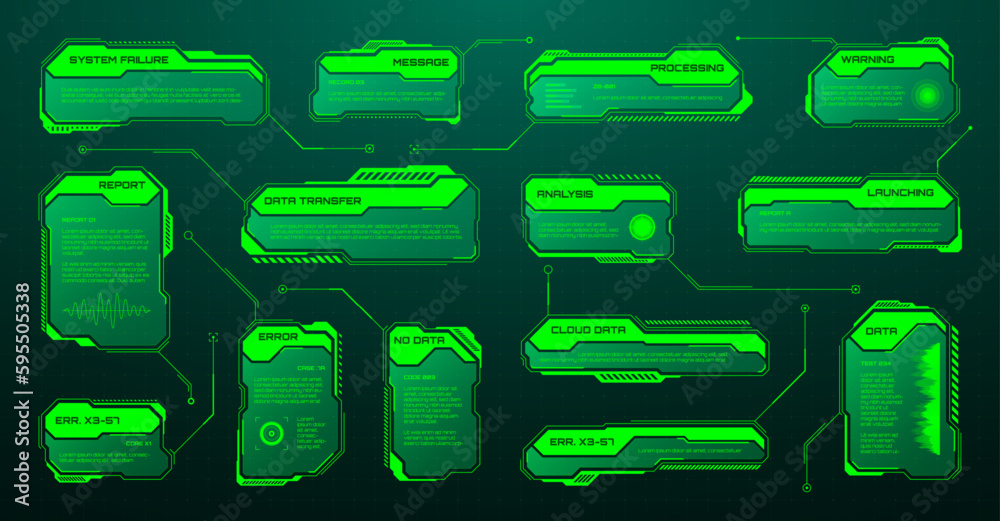 Green futuristic HUD, UI elements. Sci-fi user interface text boxes ...