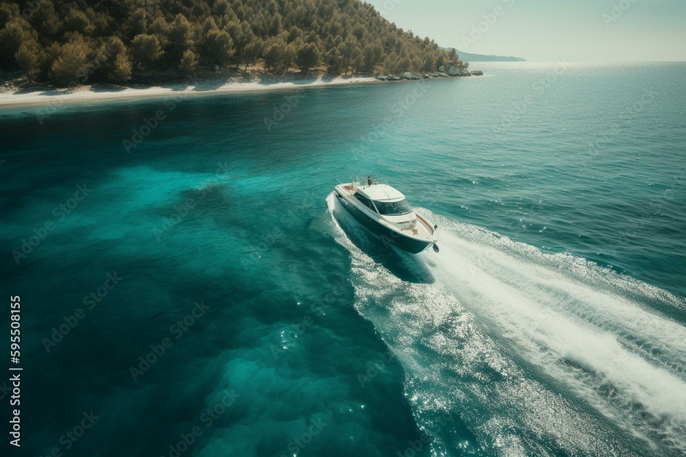 Drone view of a fast speedboat floating in clear blue water in Oludeniz ...