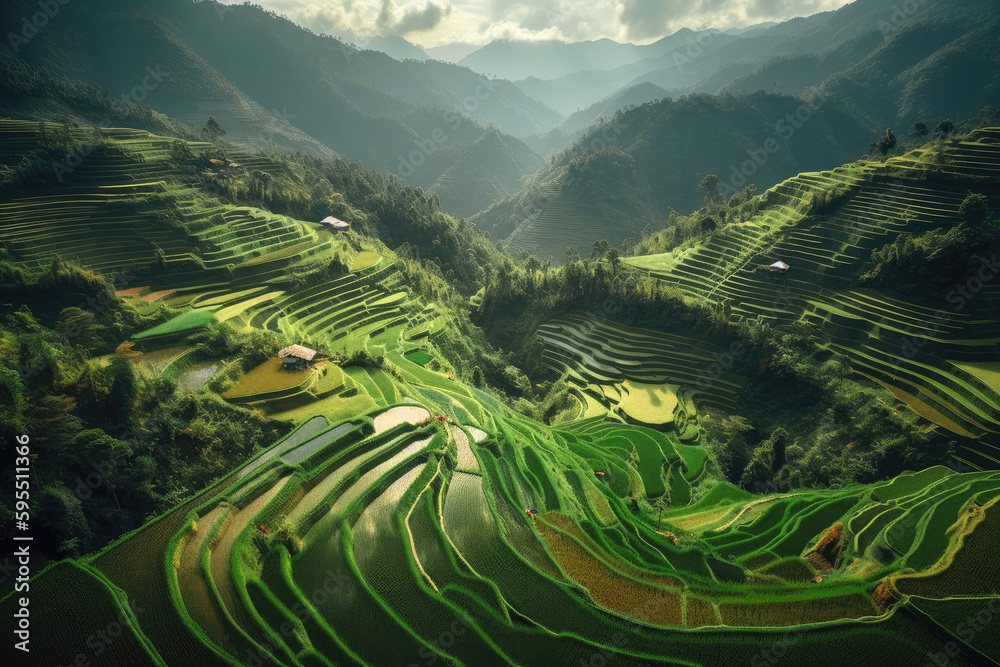 Aerial photography of mountains with rice plantations. Breathtaking ...