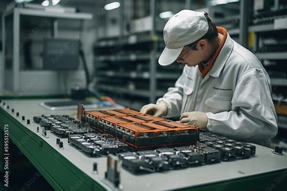 Sodium battery manufacturing in a factory. Worker on car battery ...
