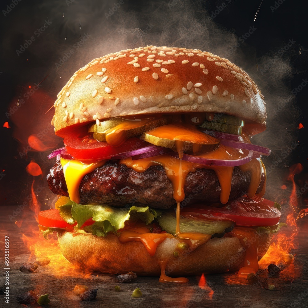explosive burger cheddar tomato sauce cheese lettuce onion bun overlay ...
