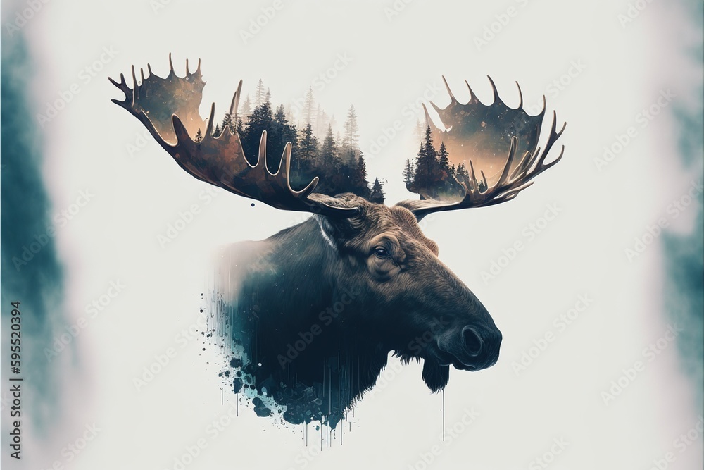 Moose with beautiful antler double exposure with natural background as ...