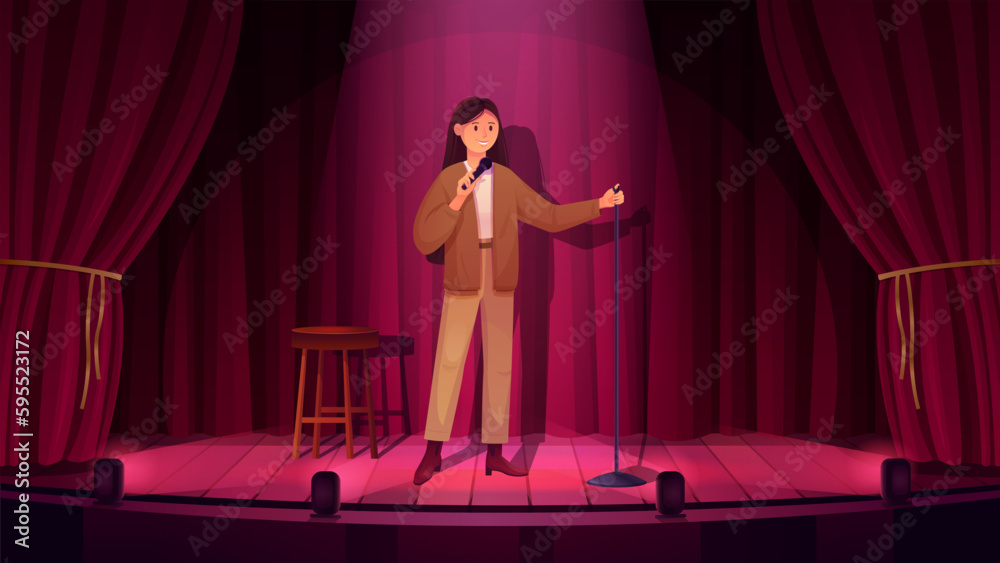 Comedy stand up show with talent female comedian vector illustration ...