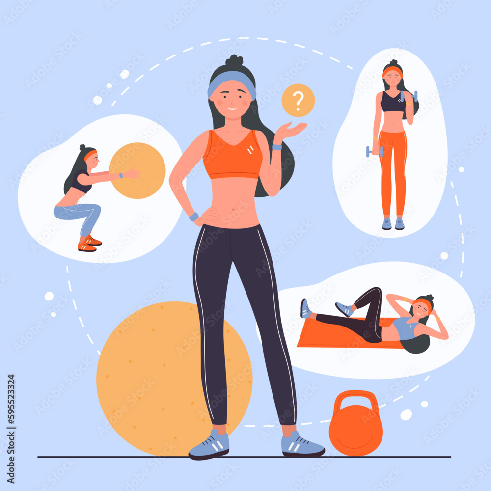 Active woman thinking about variety of physical sport exercises for ...