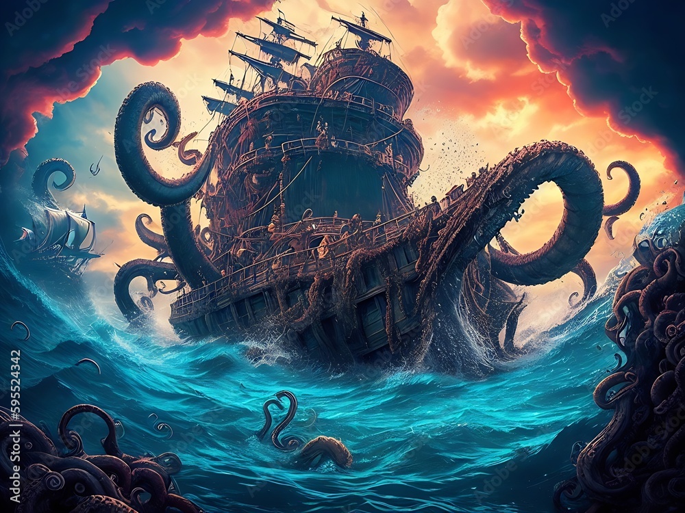 the kraken attacking pirate ship in the ocean Generative AI Stock Illustration | Adobe Stock