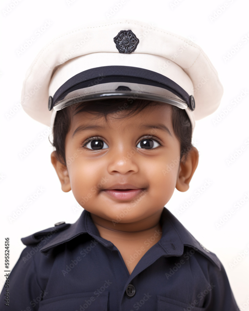 Cute Indian toddler wearing police officer uniform. Isolated on white ...