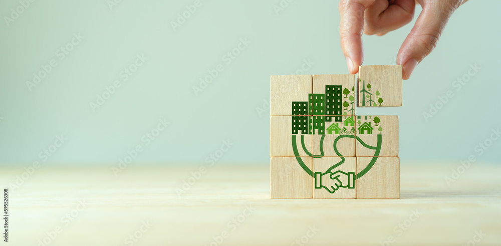 Save of earth, environment protection icons on wooden blocks. World ...