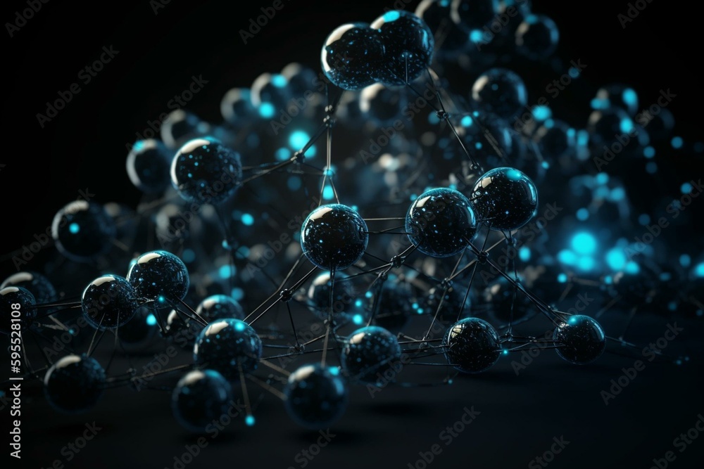 Blue blockchain network with distributed connection atom on black ...