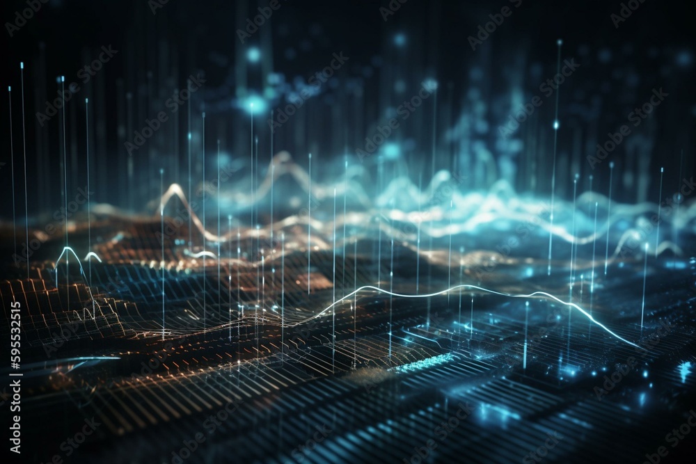 Digital network communication with binary code flow and soundwave pattern background ...