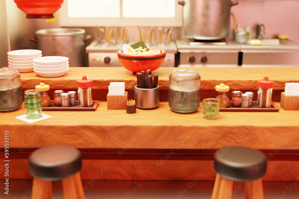 cartoon cute traditional Japanese ramen noodle shop interior decoration ...