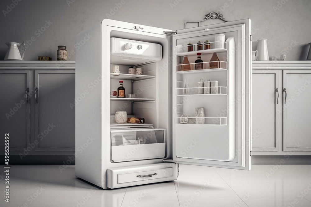 3D rendered vintage fridge with white background and empty open door ...
