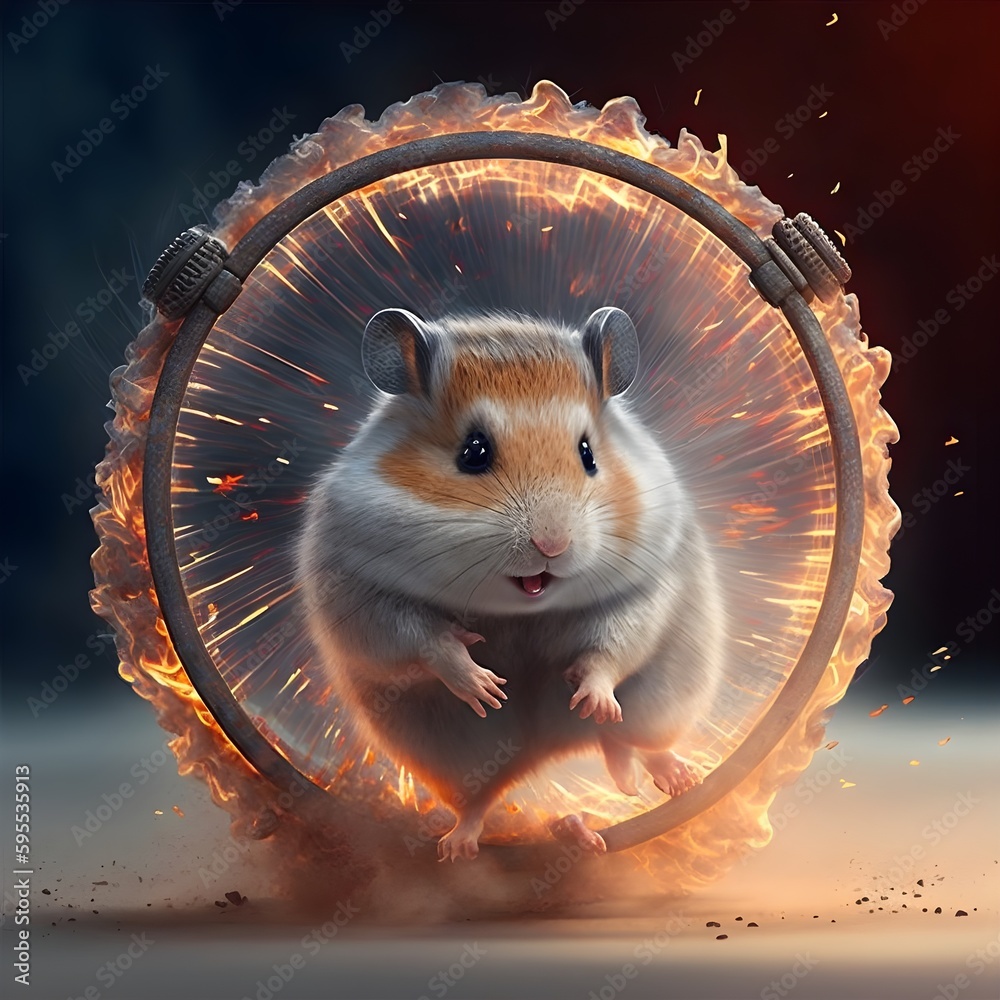 hyper realistic hamster running in exercise wheel red eyes magical ...