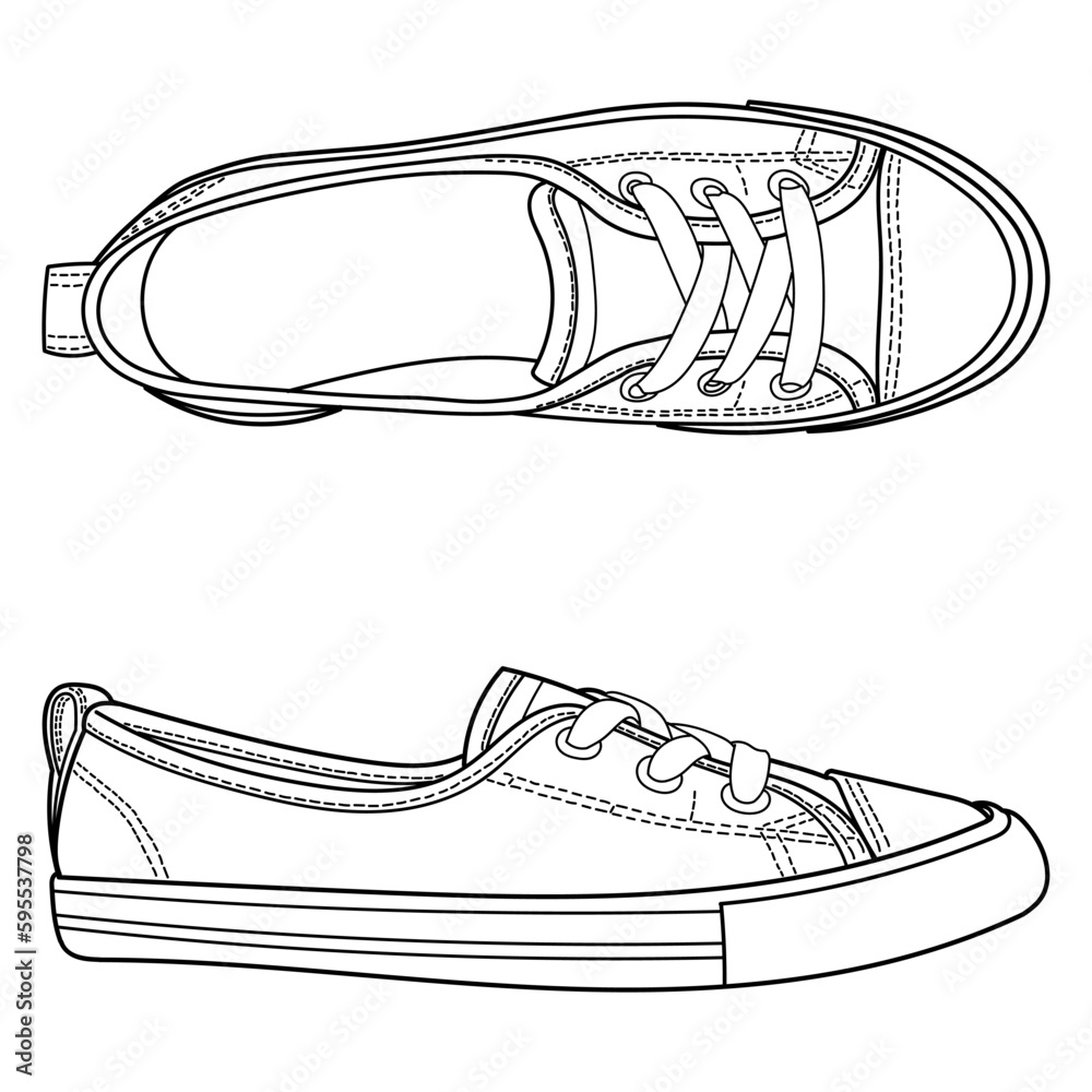 hand drawn sneakers, gym shoes, top view. Image in different views ...