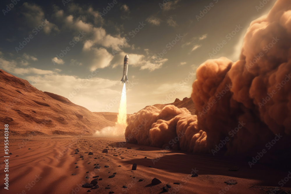 Rocket with blast and smoke takes off to the red planet Mars ...