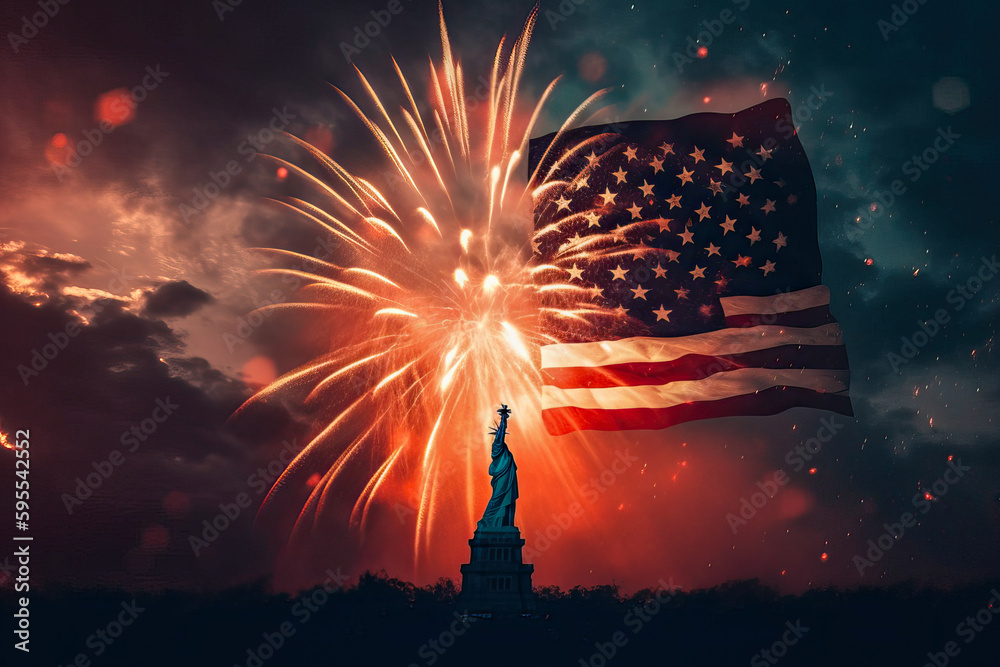 fireworks behind the statue of liberty for independence day. Patriotic ...