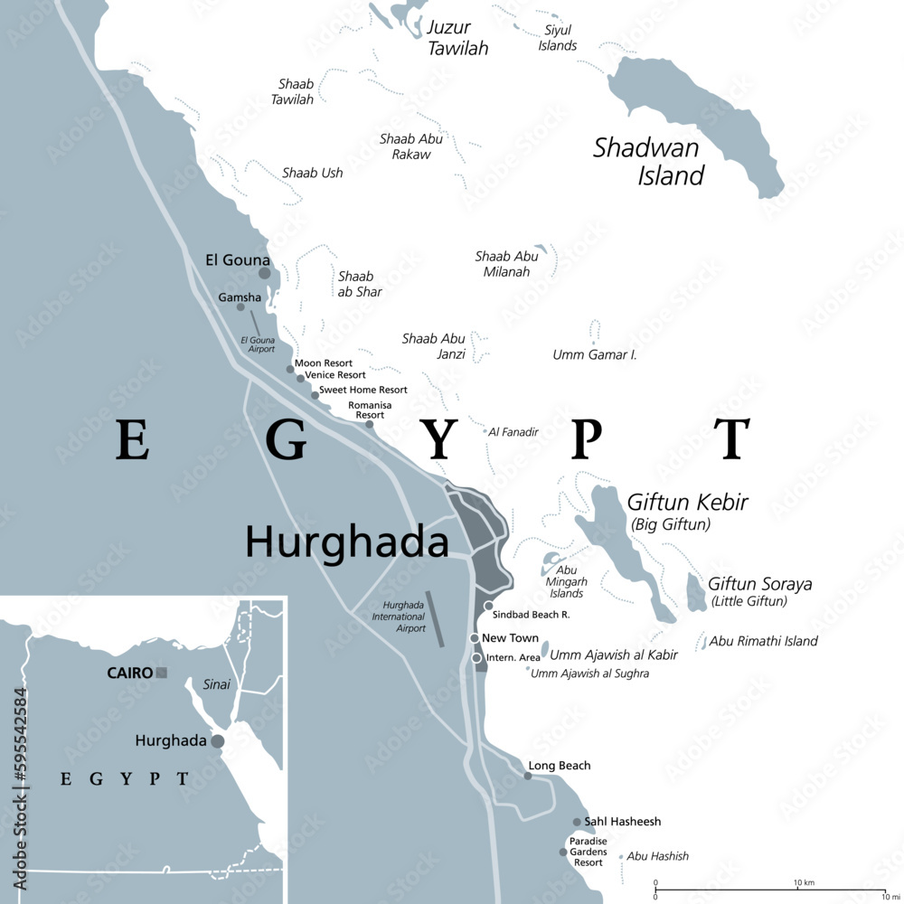 Hurghada and vicinity, Egypt, gray political map. City area in the Red ...