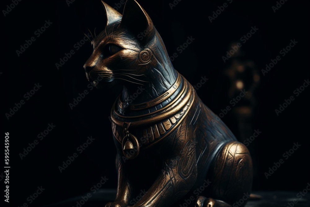 Ancient Egyptian goddess Bastet on black background. Bastet was a deity in religion of ancient ...