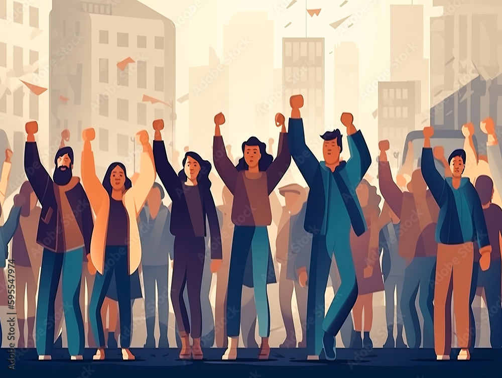 ภาพประกอบสต็อก Group of multiethnic people protesting outdoors with ...