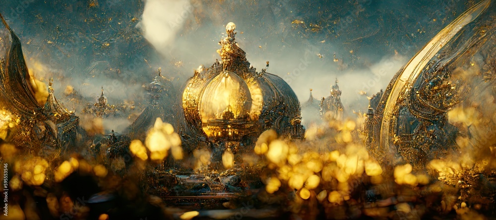 Panoramic view of the Temple of the Sacred Golden Relic Fantasy - AI ...