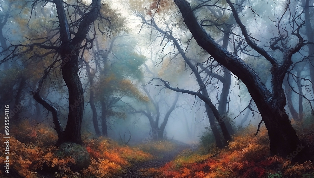 California fog in the forest s, in the style of harmonious color ...