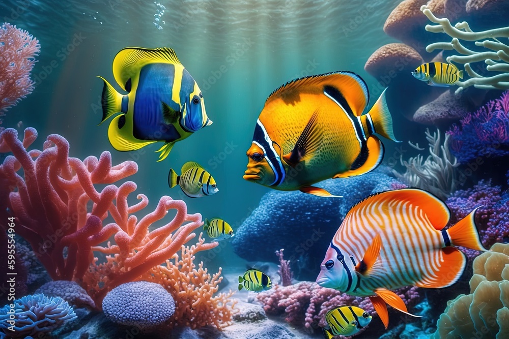 A group of fish that are swimming in some water, created with ...