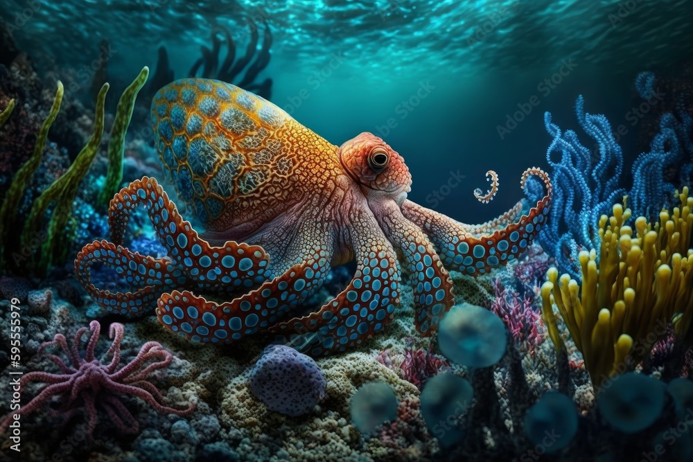 An octopus is swimming in the ocean, created with Generative Ai ...