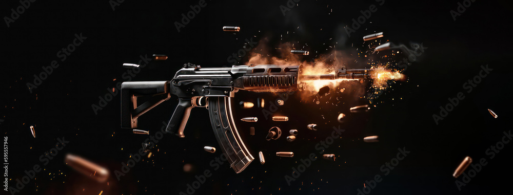 firing assault riffle shooting firepower bullets isolated on black ...