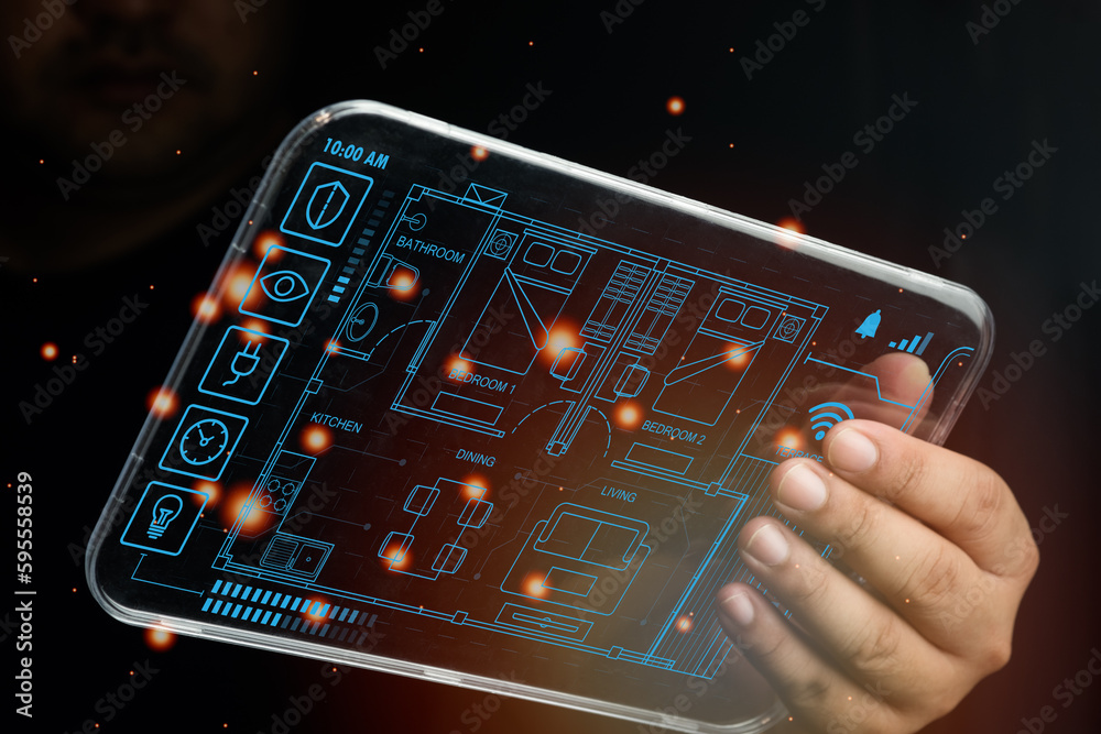 Man controlling home through the dashboard digital tag. Concept of ...