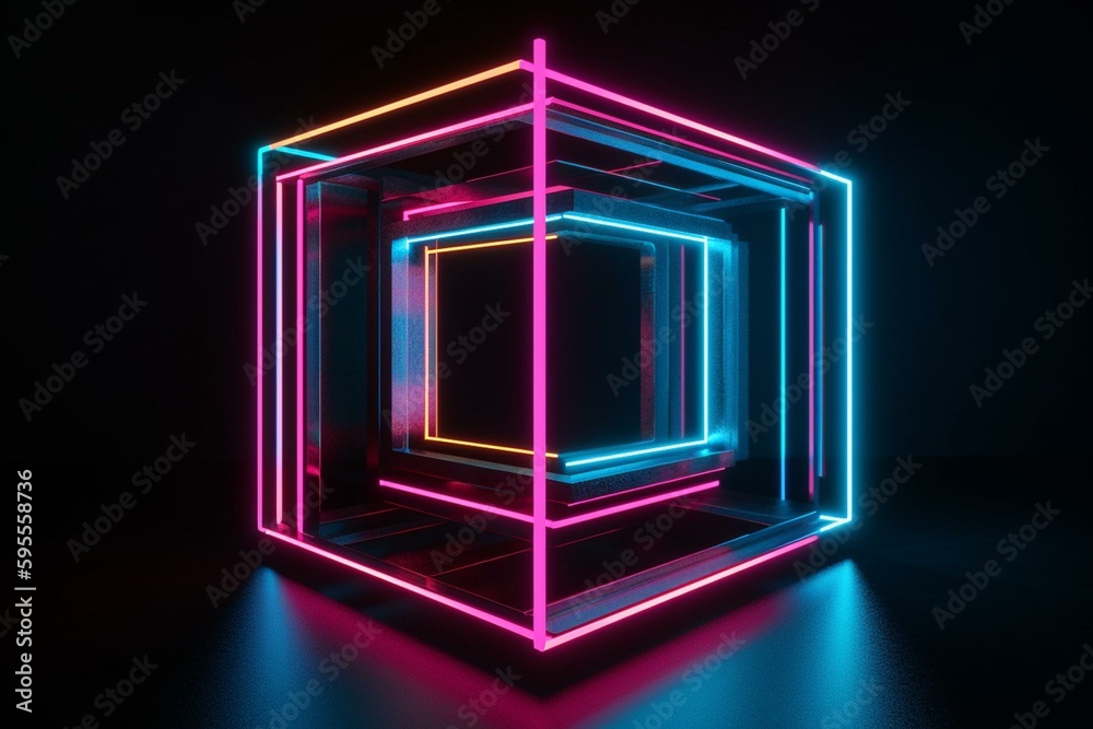3D neon rendering w/ glowing geometric shape encompassing blank frame ...