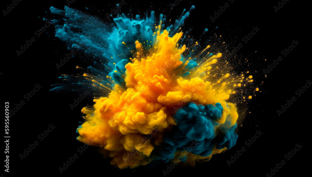 Explosion of powder yellow and blue on a black background. Generative ...