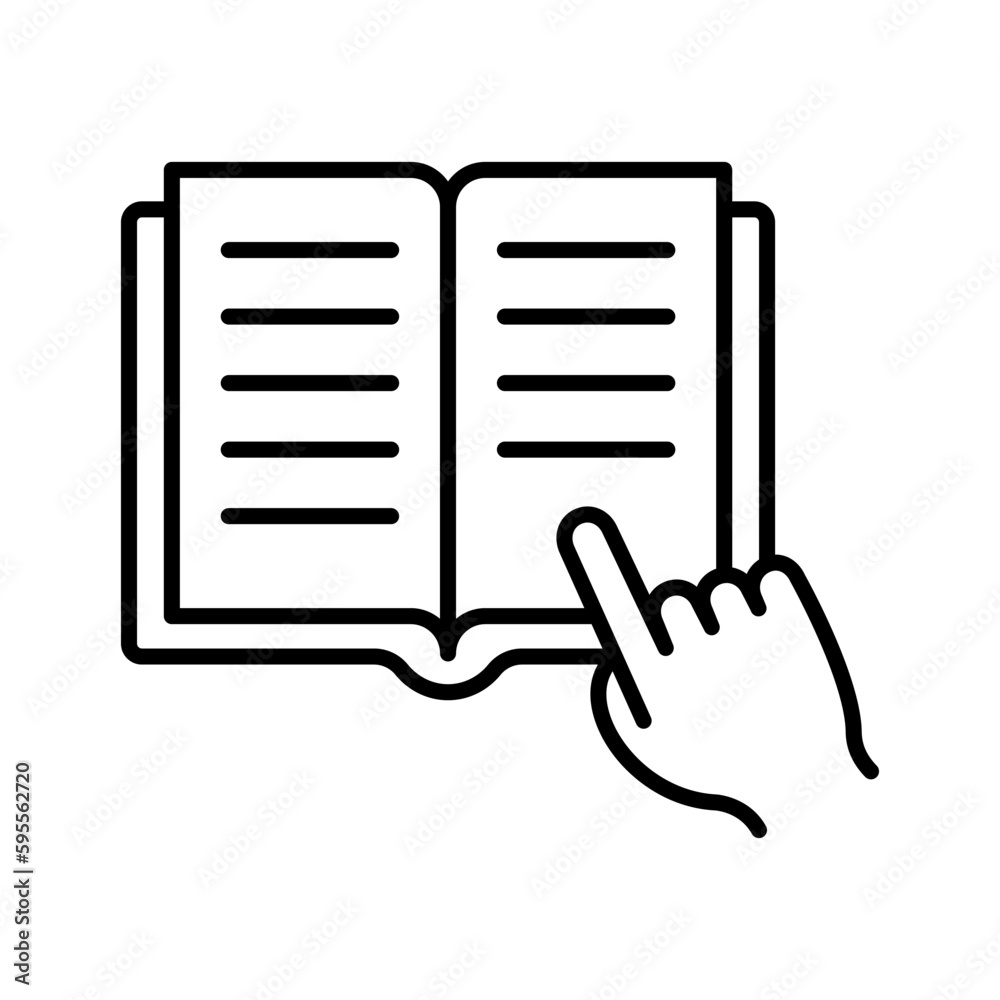 Book and pointing hand. Instruction manual icon. Open book pages with ...