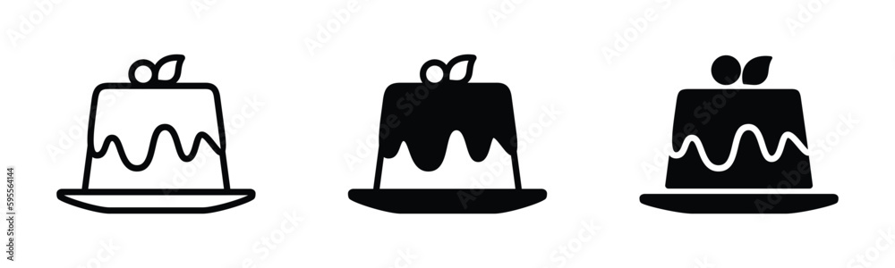 Pudding icon vector. Pudding dessert with fla and fruit icons in line ...