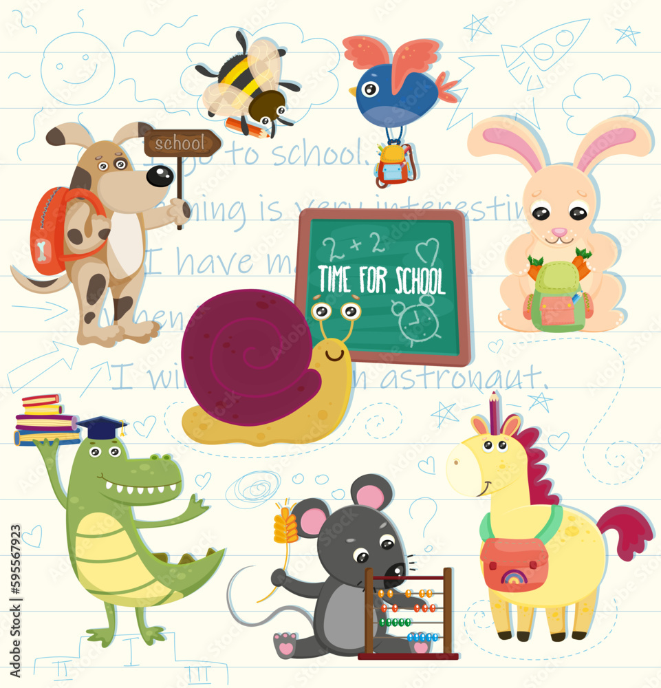 Set of cute cartoon animals study English at school. Funny horse ...