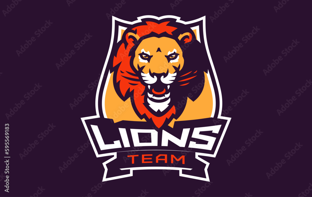 Sports logo with lion mascot. Colorful sport emblem with lion, leo ...