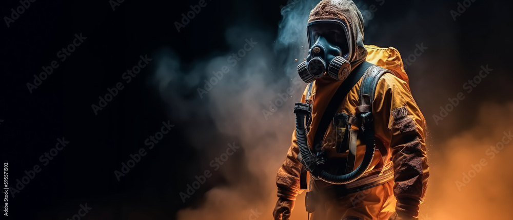 Fireman in protective suit, helmet and gas mask extinguishing flame ...
