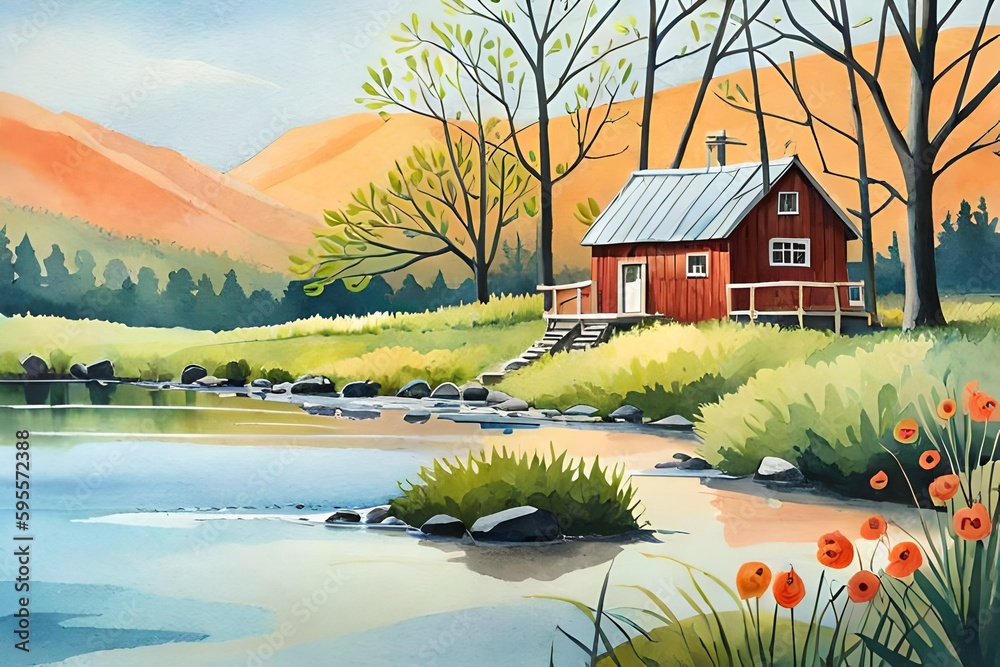 cottage house landscape art. watercolor painting. pastel forest ...