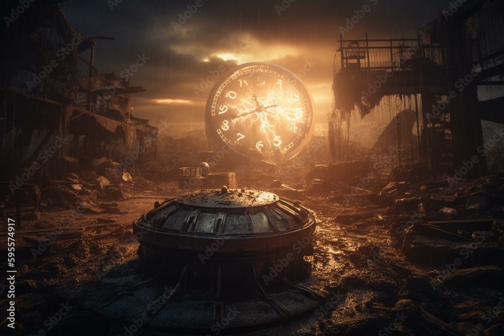 Steampunk apocalypse background with Doomsday Clock. Generative AI ...