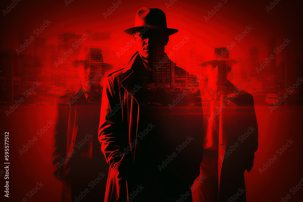 portrait of male detective in hat with double exposure. Poster banner ...