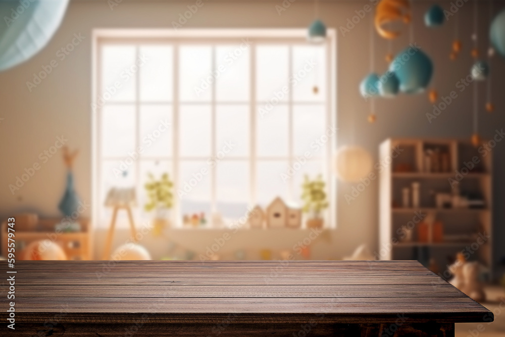Wooden table free space over blur background of childrens room with kid ...
