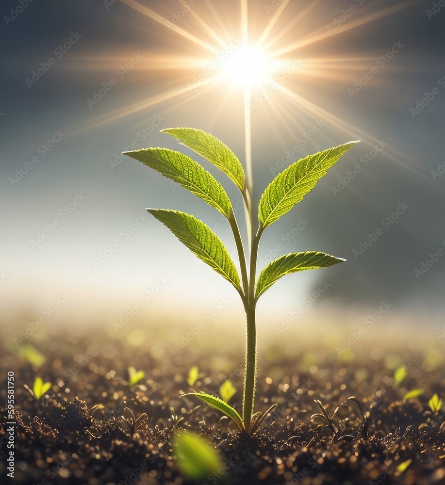 The plant emerges from the ground into the sun, a beam of light ...