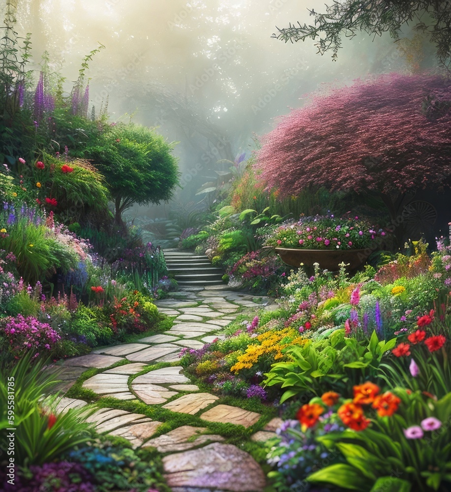 Fantasy garden, stone paths, flower bed, small waterfall, flowers ...